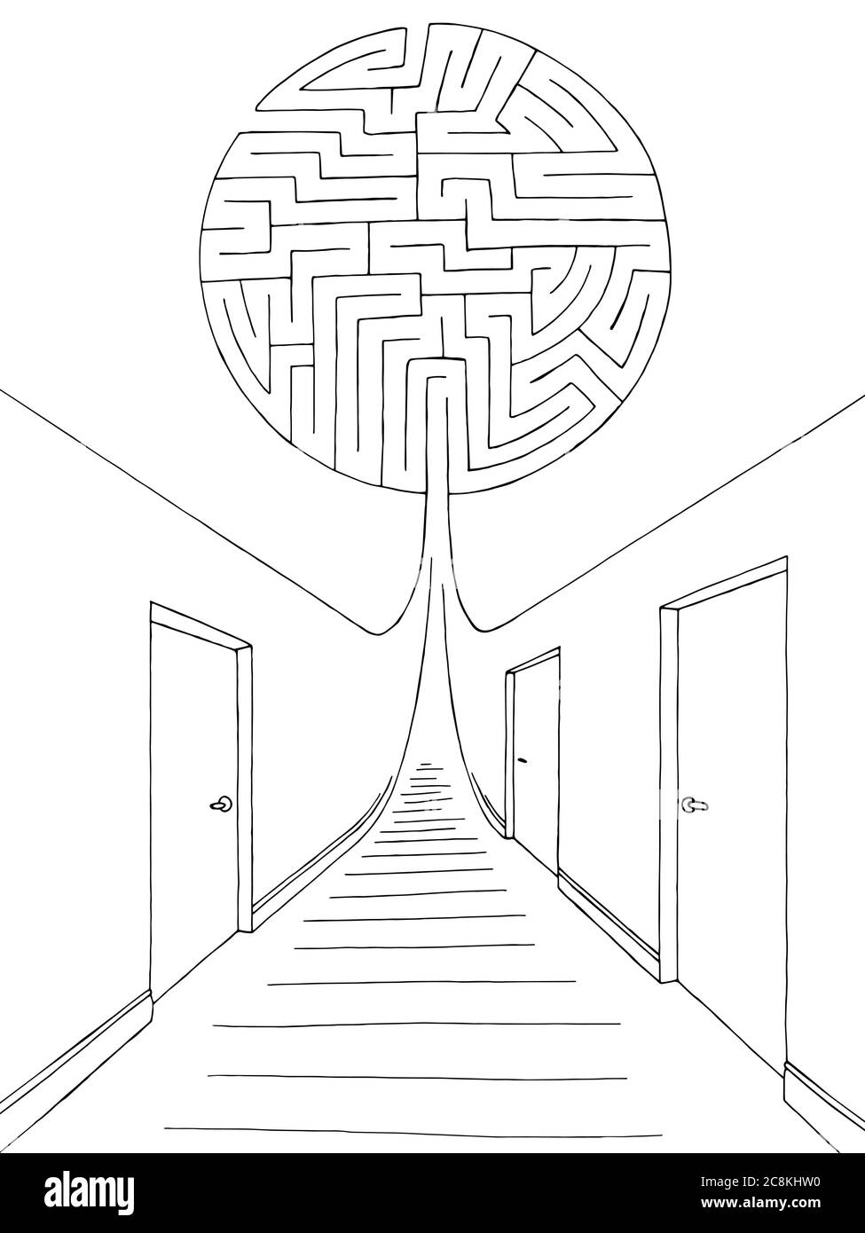 Corridor maze labyrinth graphic black white interior sketch ...