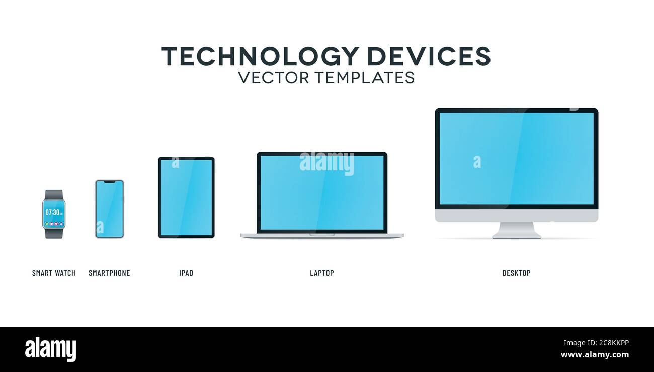 Laptop, smartphone, tablet pc, desktop pc, smart watch mockups on white ...