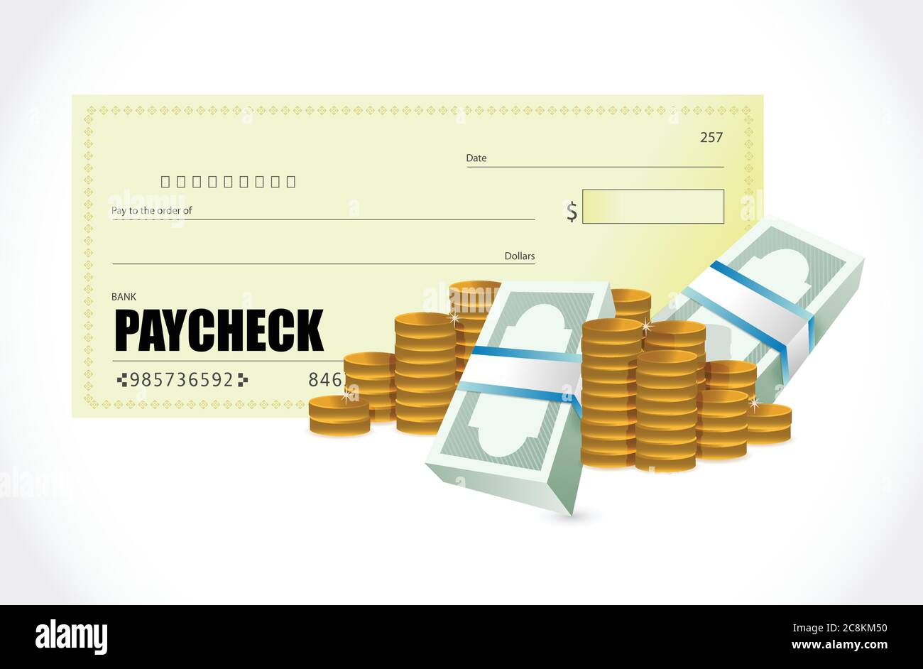 Paycheck coins and bills illustration design over a white background ...