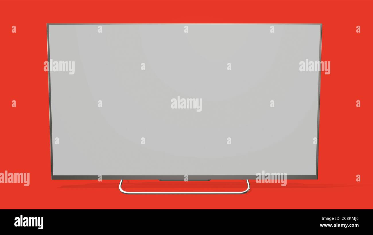Wide television screen mock up with side front view, isolated on red ...