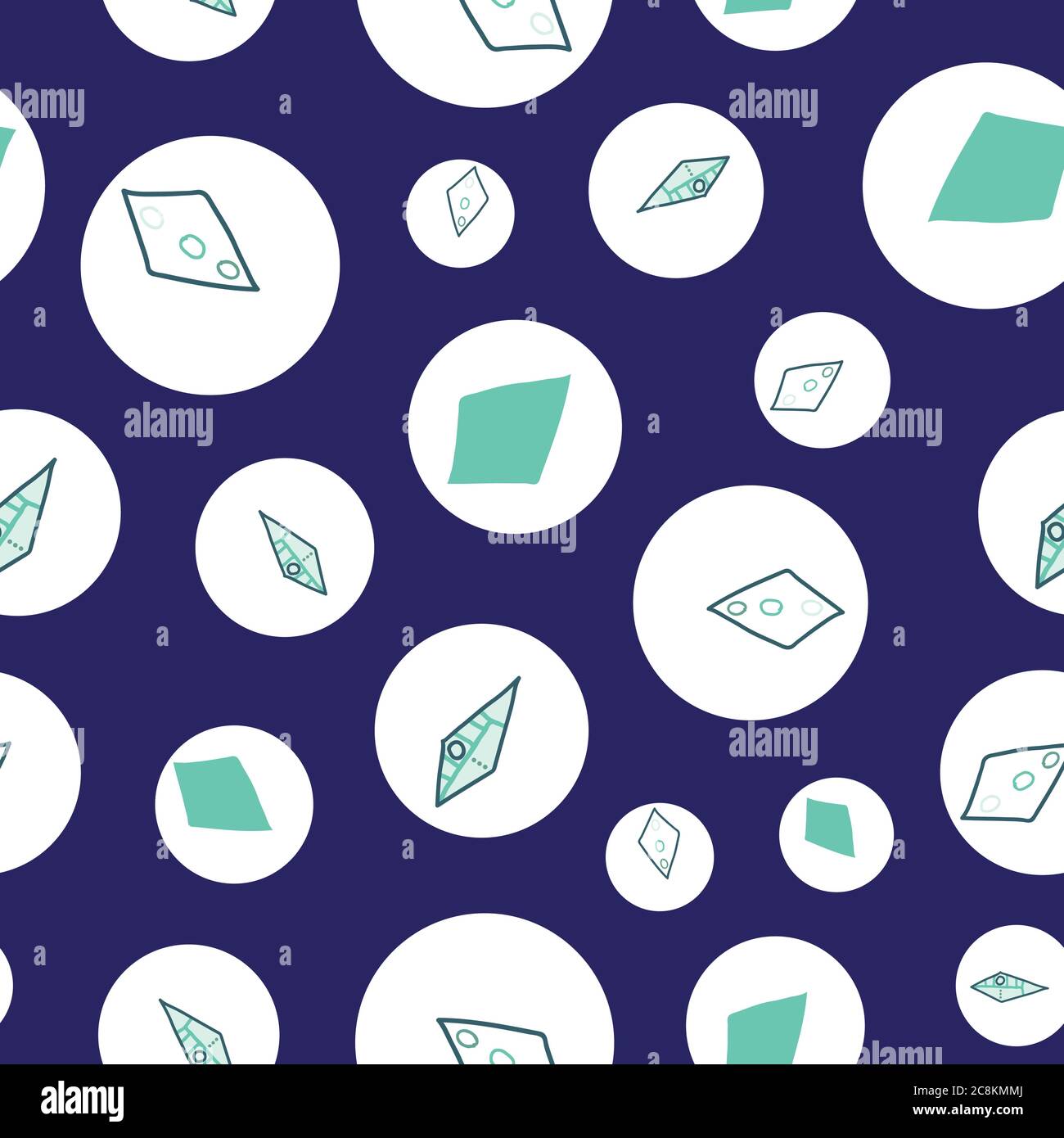 Teal diamond shape doodles in white circles on dark blue background ...