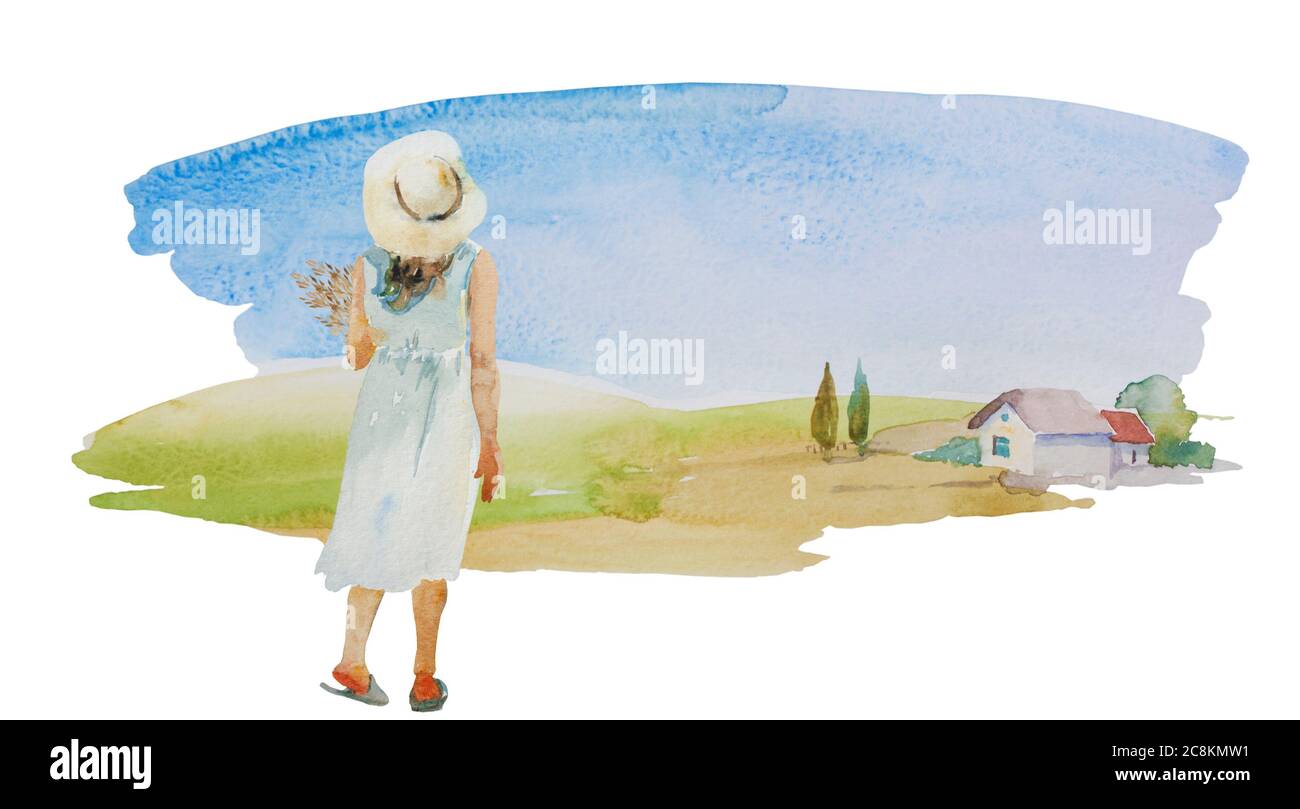 Watercolor girl going home with collected flowers on field , summer ...