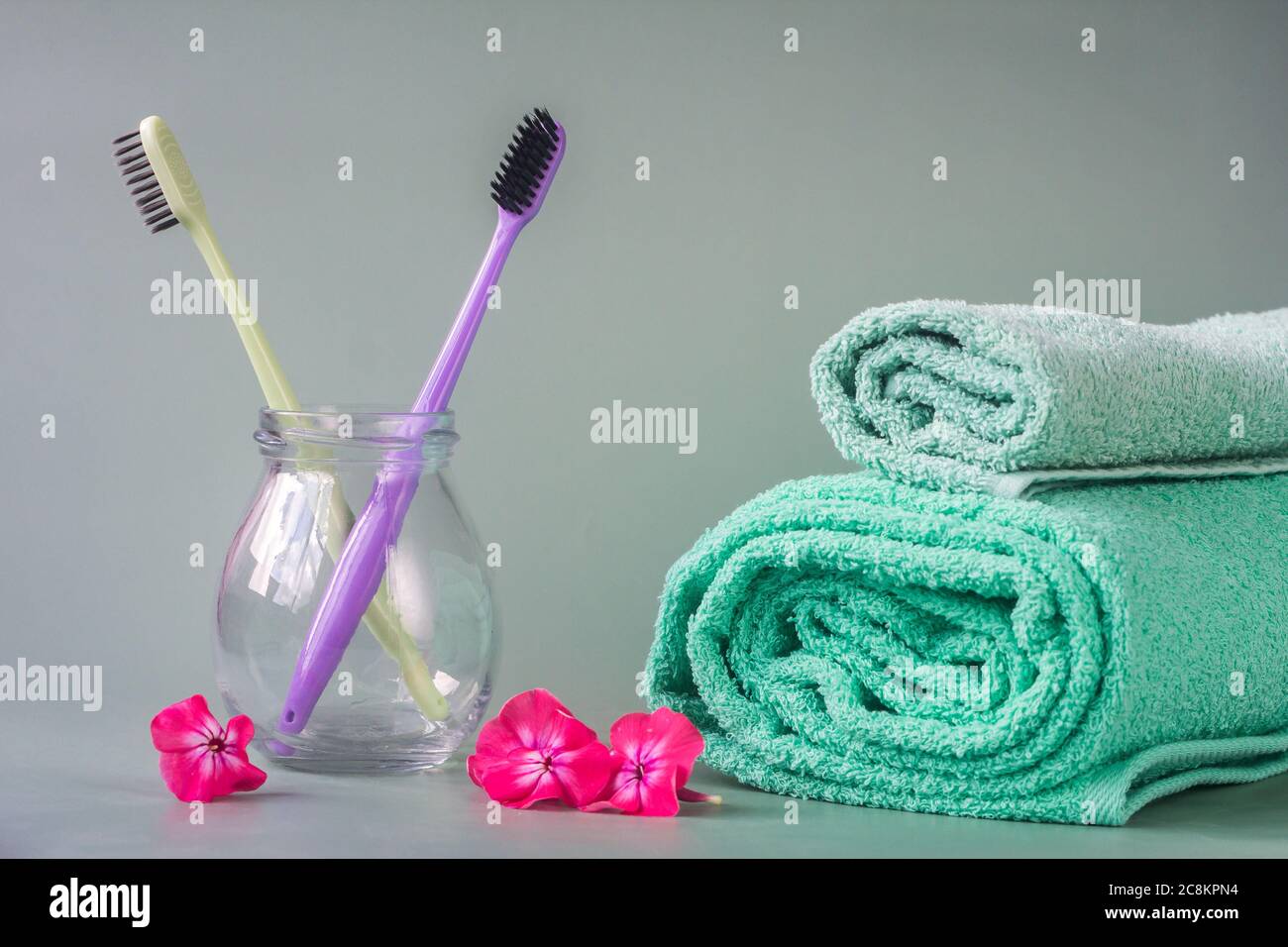 personal hygiene kit in the hotel.decorated with pink flowers Stock ...
