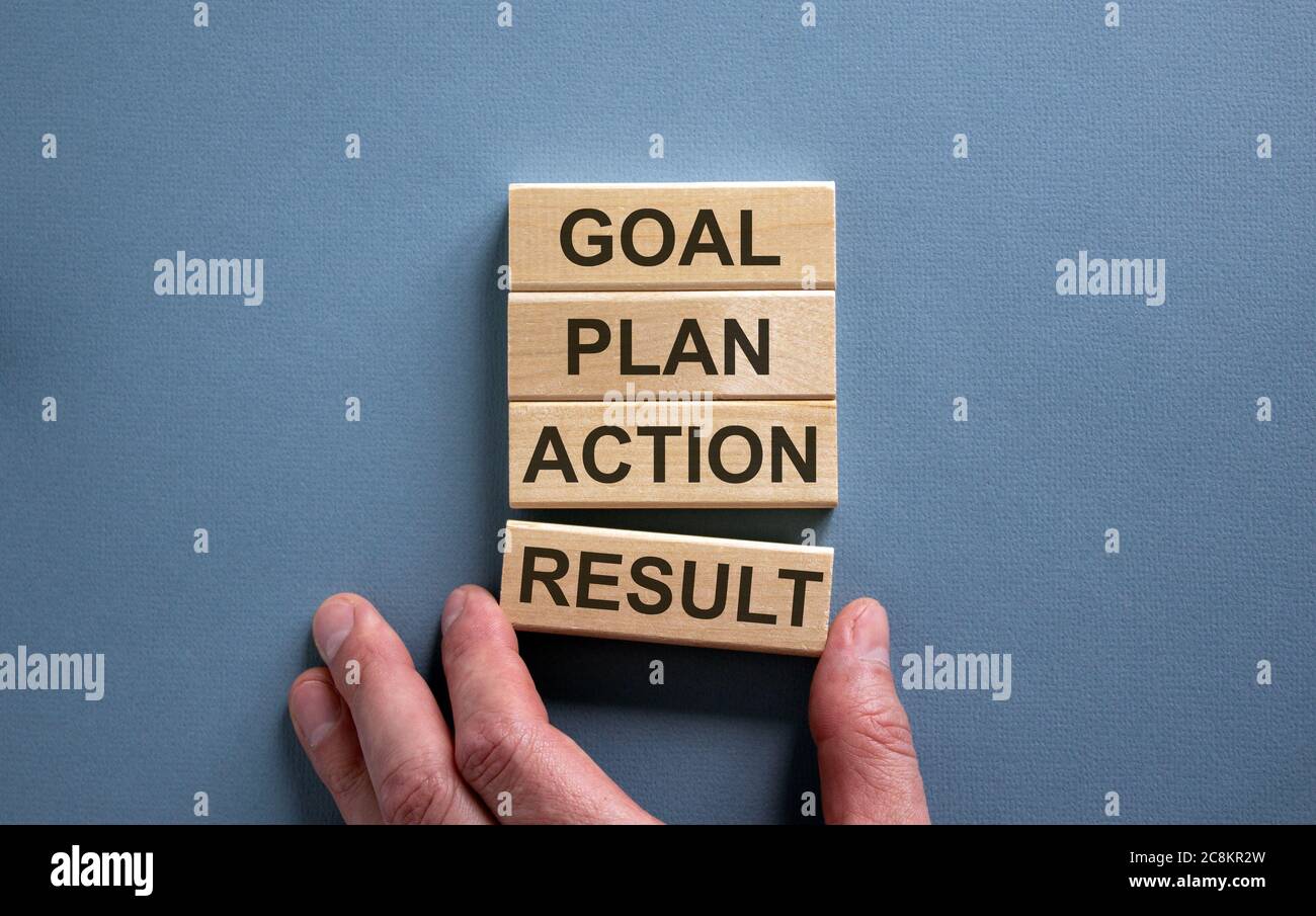 Wooden blocks form the words 'goal, plan, action, result' on blue ...