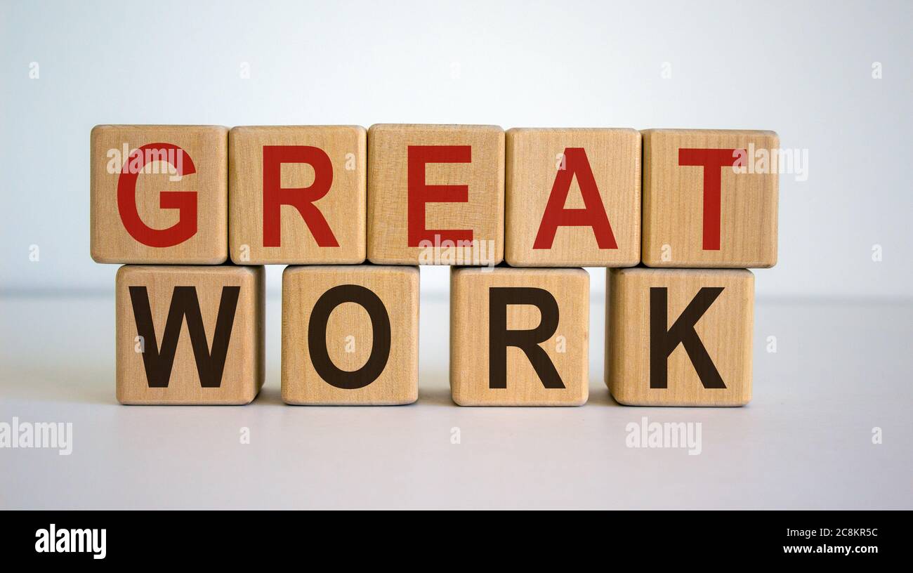 Concept words 'great work' on cubes on a beautiful white background ...