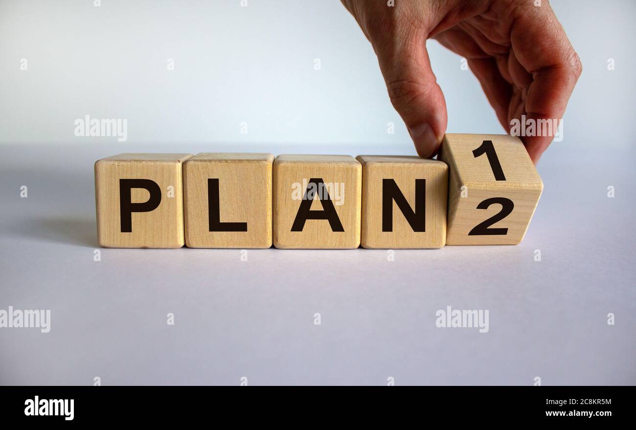 Time for Plan 2. Hand is turning a cube and changes the word 'Plan 1 ...