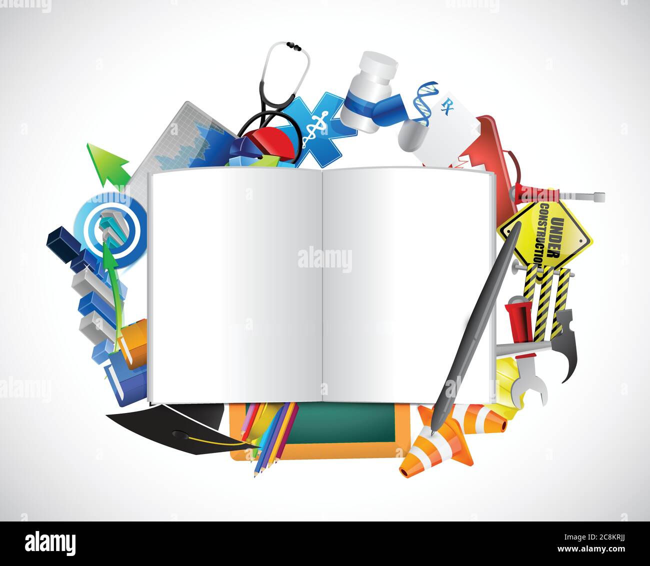 Multiple icons behind a blank book. illustration design over a white ...