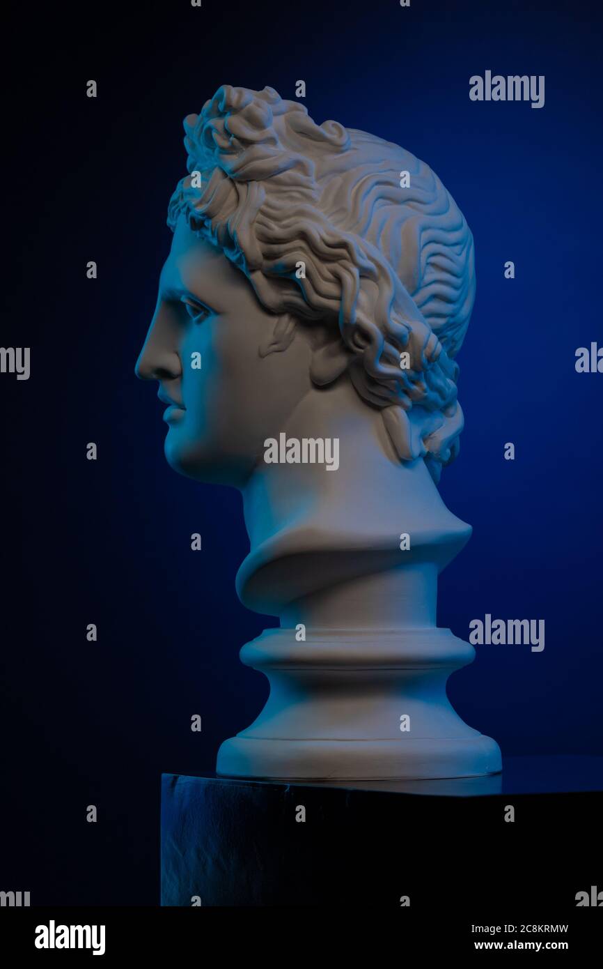 Plaster statue of a bust of Apollo Belvedere in blue local light on a ...