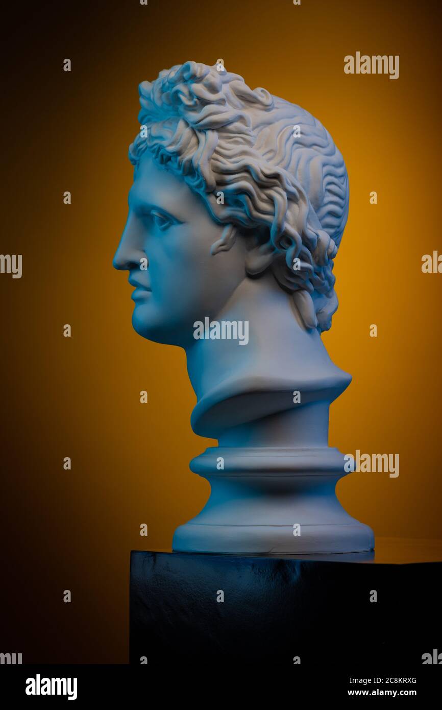 Plaster statue of a bust of Apollo Belvedere in blue local light on a ...