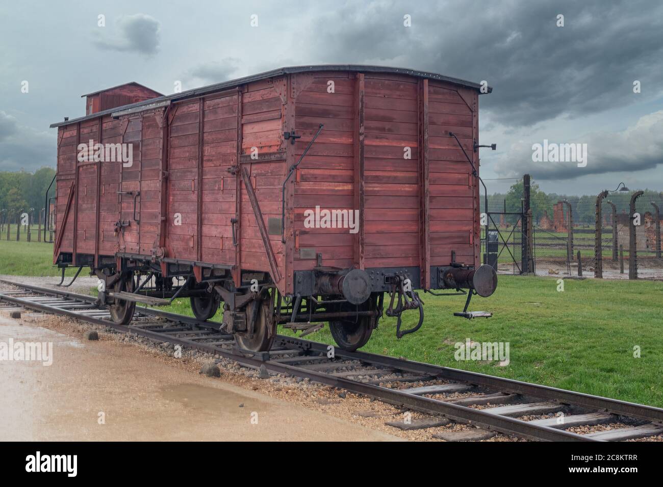 Auschwitz, Poland - May 15, 2019: WW2 train wagon in the rail entrance ...