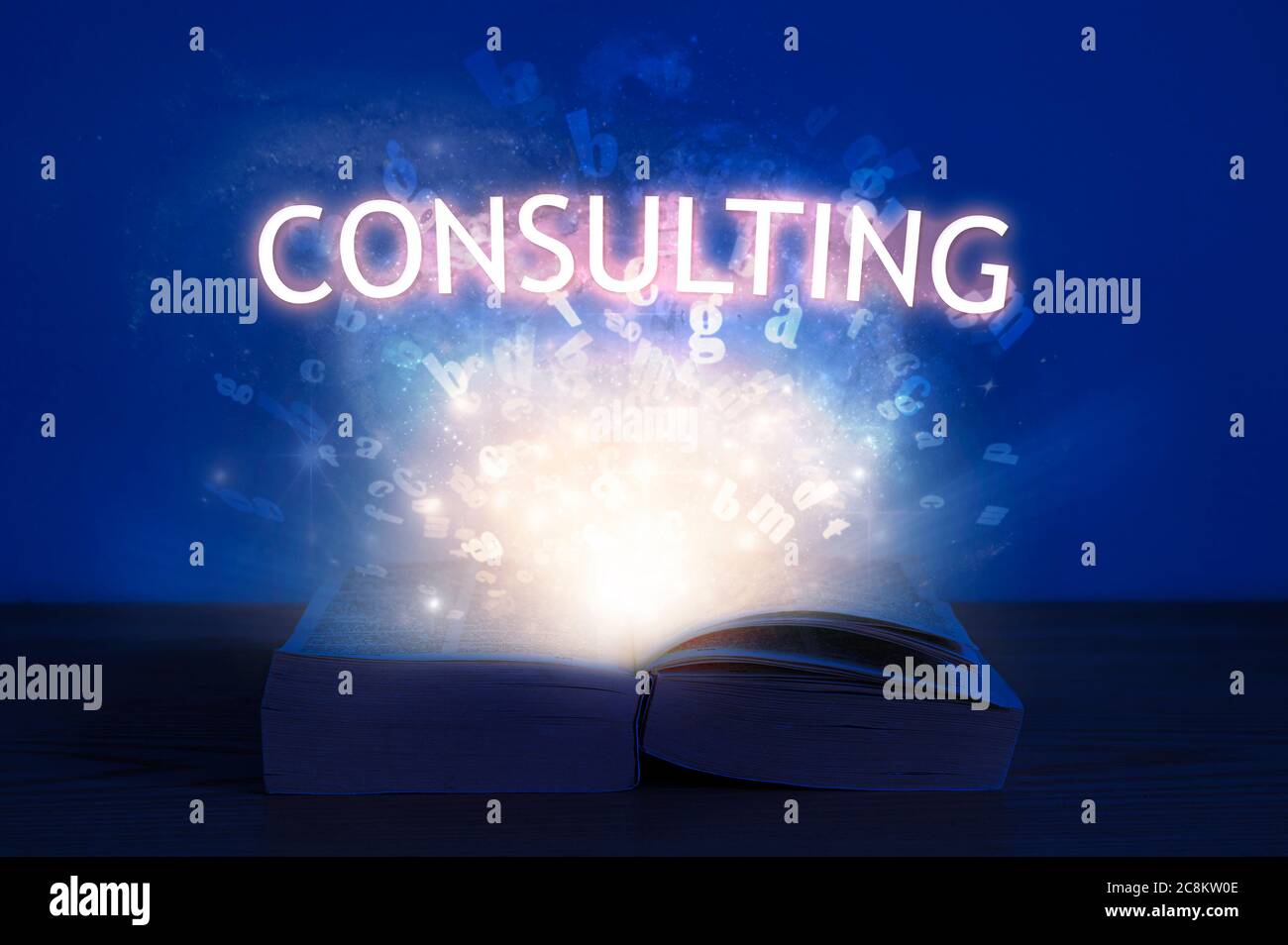Open book with consulting inscription. Light coming from open book with ... Open book with consulting inscription. Light coming from open book with ...