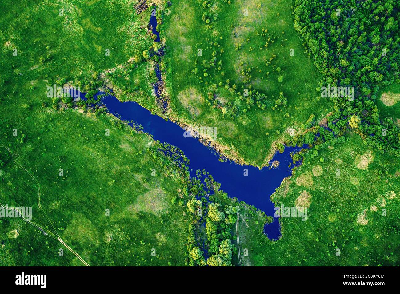 Aerial landscape of blue lake in green field, top view of beautiful ...