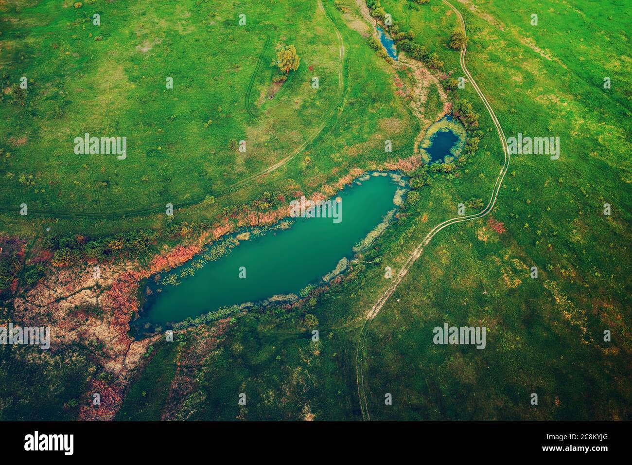 Aerial landscape of blue lake in green field, top view of beautiful ...