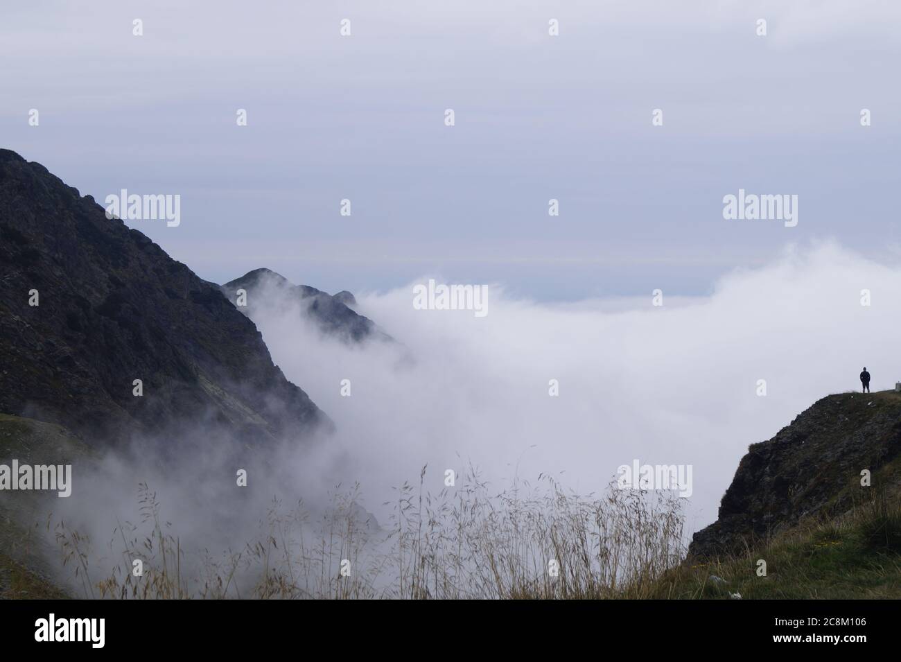 Mist morning man overlooking valley Stock Photo - Alamy