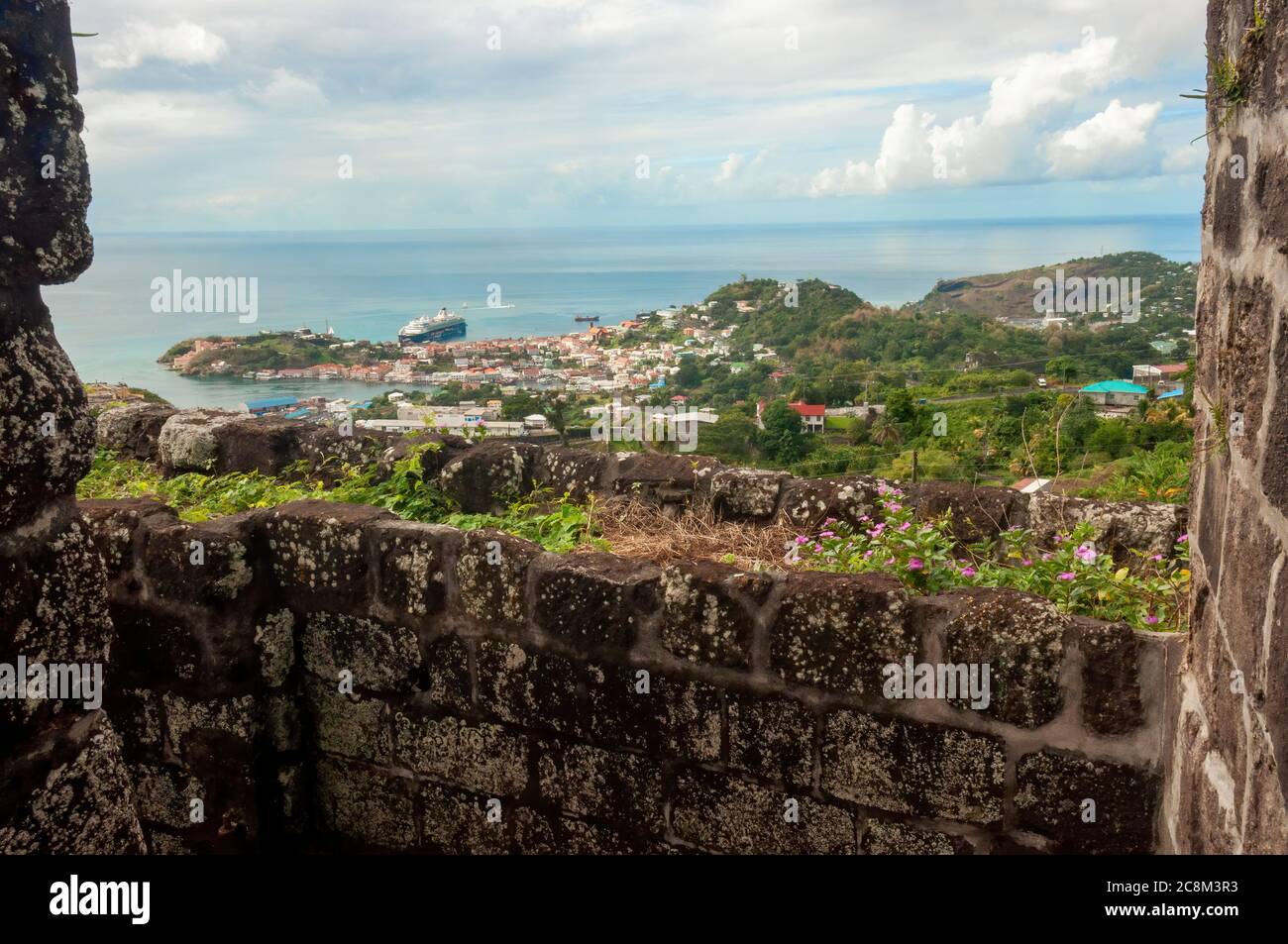 View from between the stone walls of Fort Frederick, an old Caribbean ...