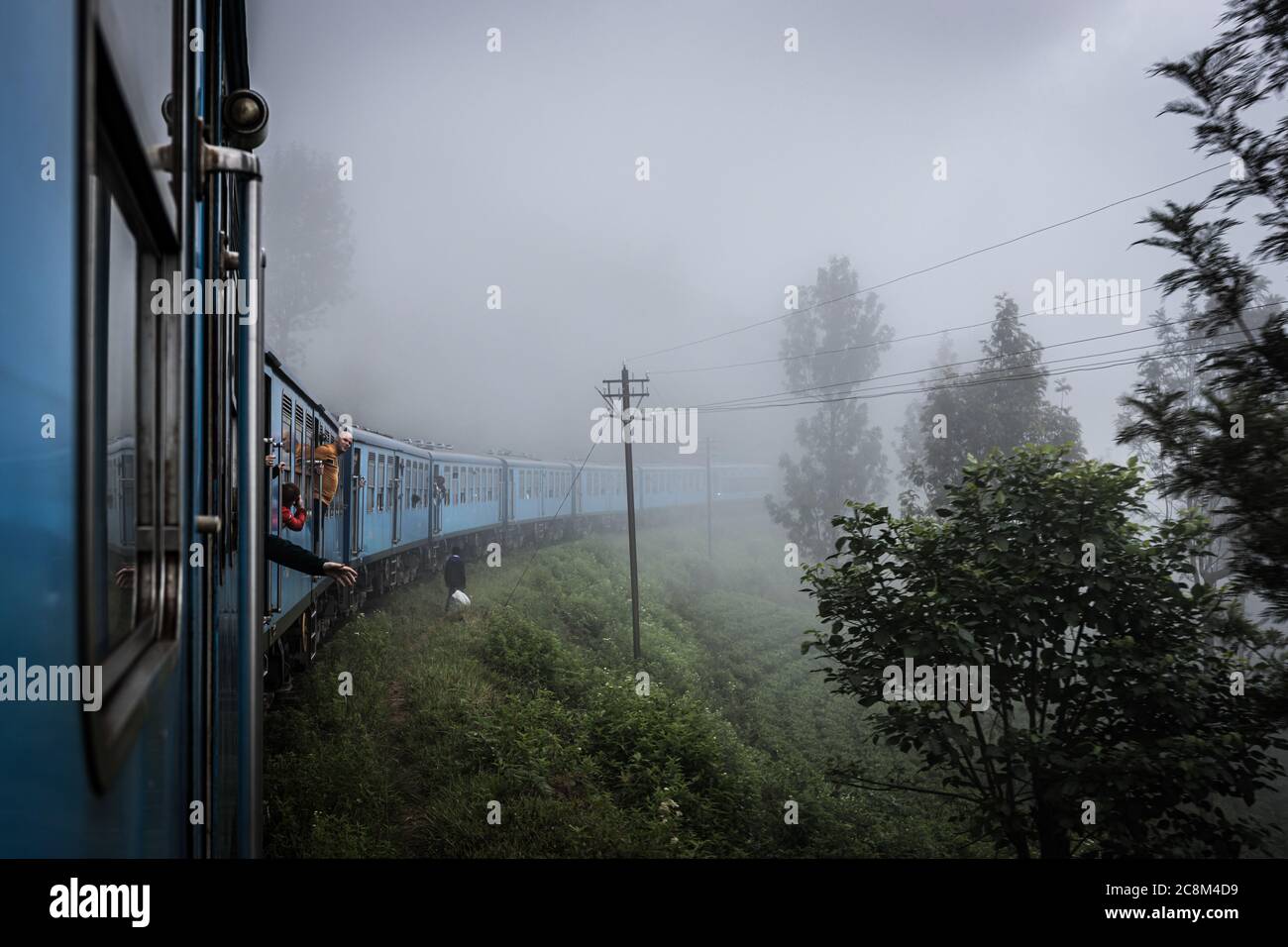 The blue train to Ella travels through mist in the highland tea region ...