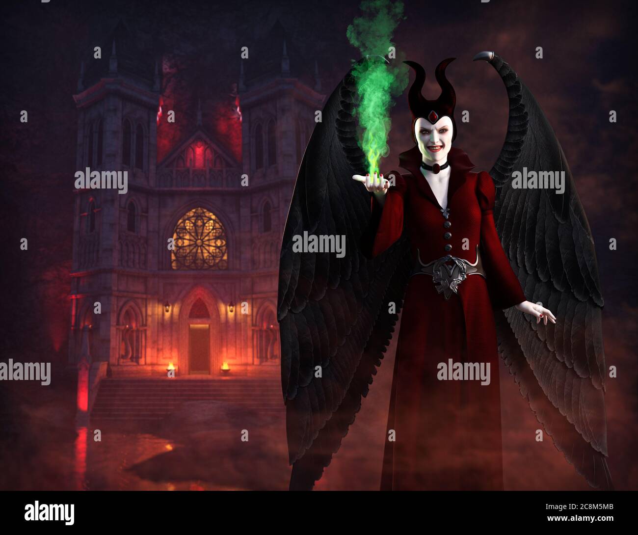 Evil halloween fairytale witch with wings casting a spell in front of a ...