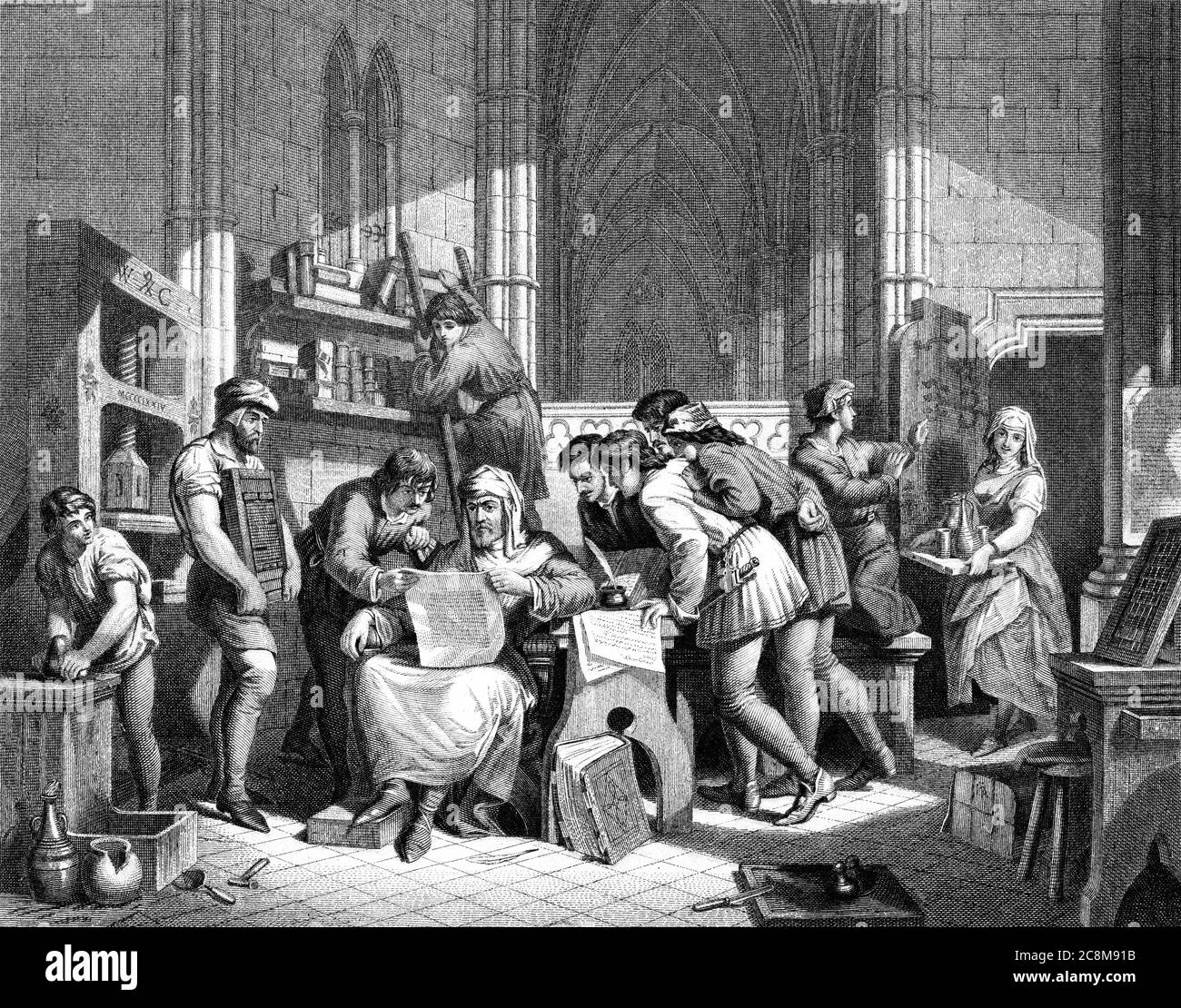 An engraved vintage illustration image of William Caxton reading the ...