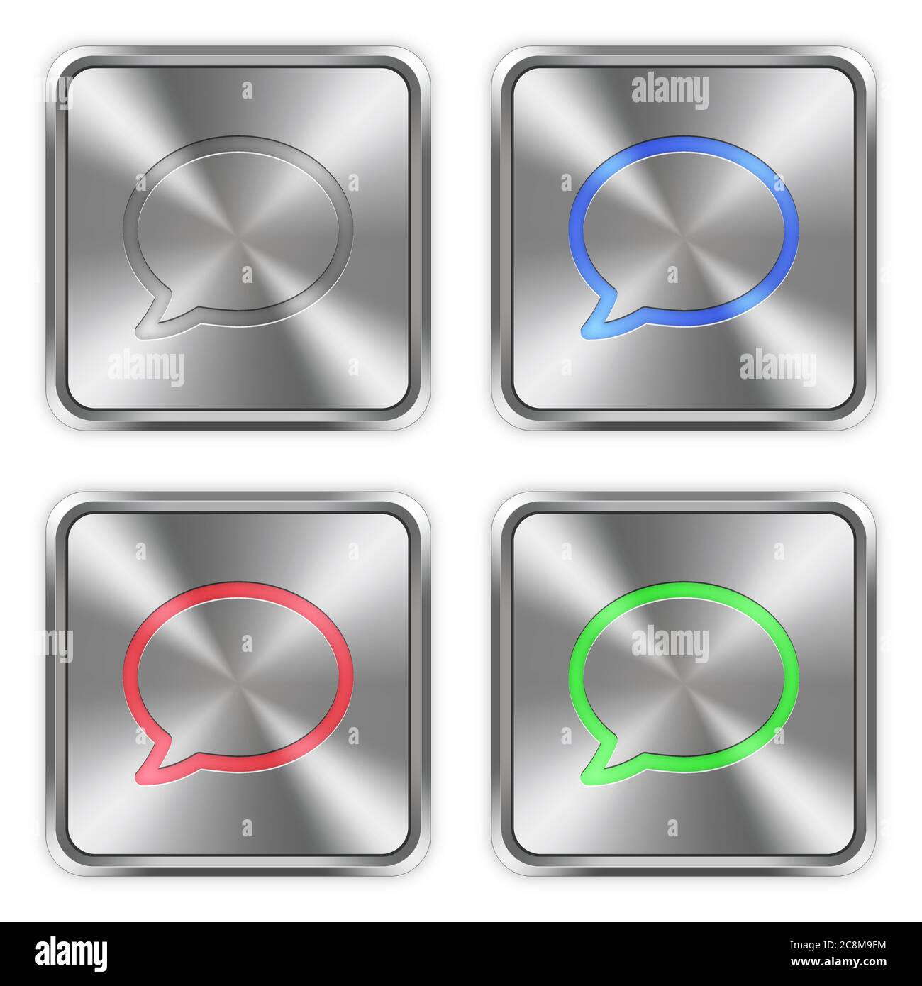 Color chat icons engraved in glossy steel push buttons. Well organized ...