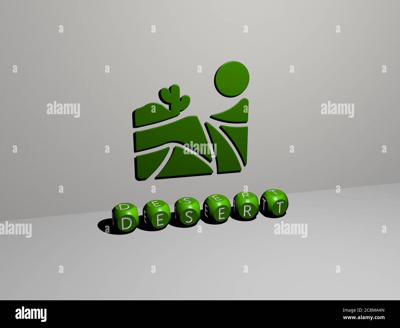 3D illustration of desert graphics and text made by metallic dice ...