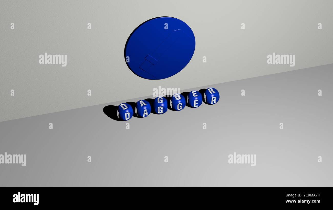 3D illustration of dagger graphics and text made by metallic dice ...
