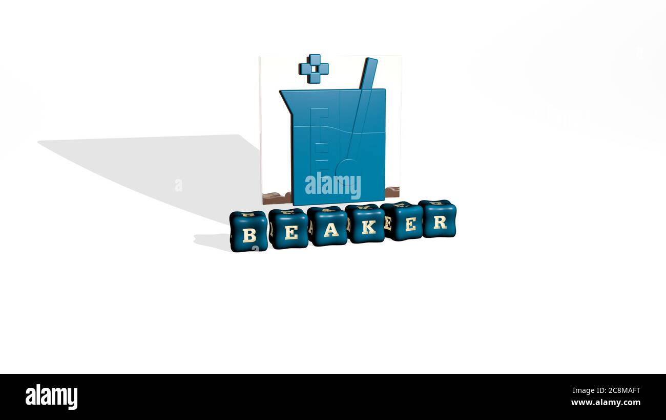 3D illustration of beaker graphics and text made by metallic dice ...