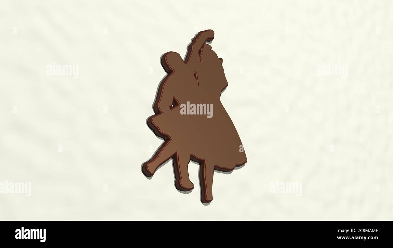 dancing mand and woman on the wall. 3D illustration of metallic ...