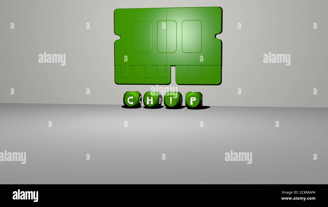 3D illustration of CHIP graphics and text made by metallic dice letters ...