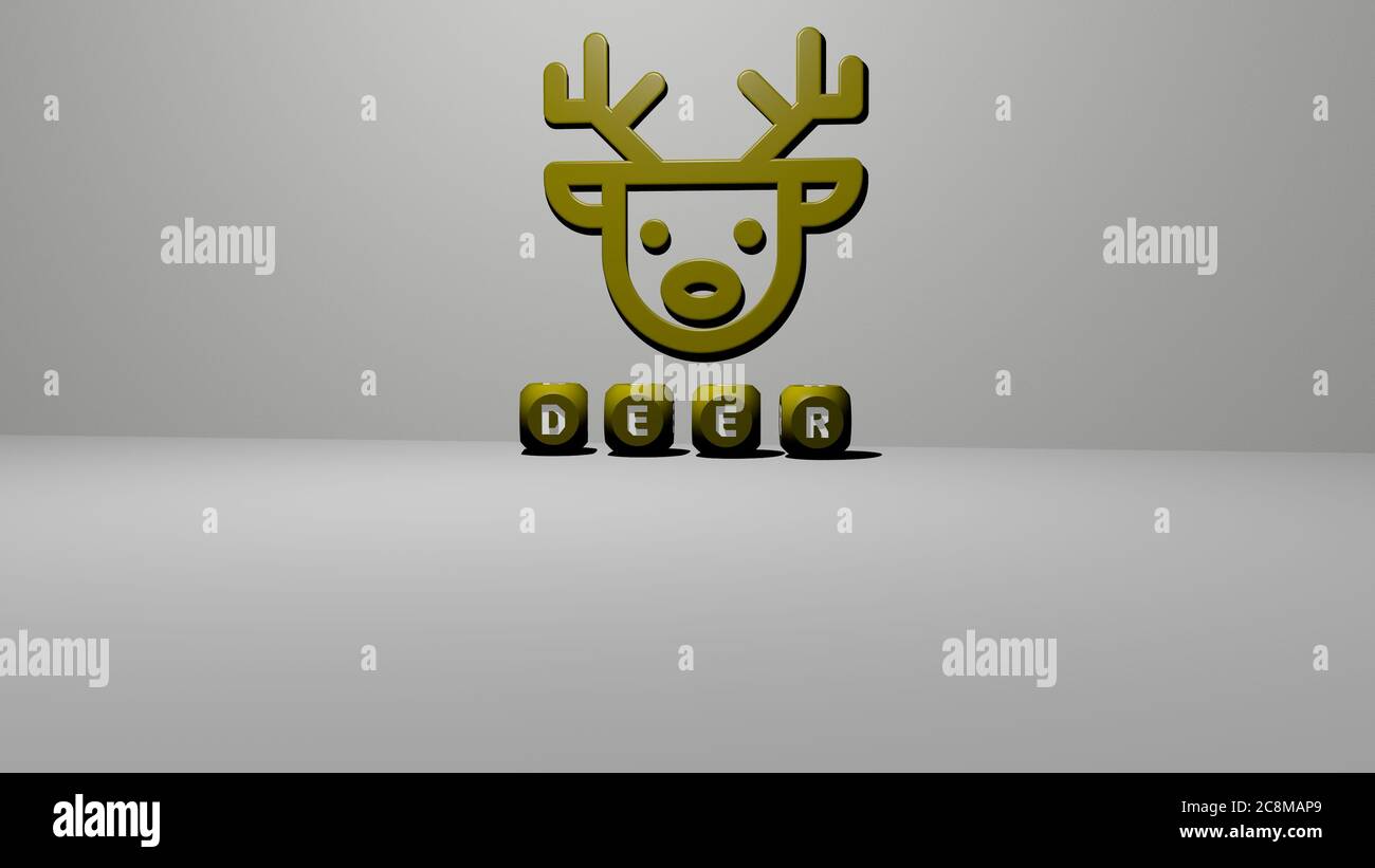 3D illustration of deer graphics and text made by metallic dice letters ...