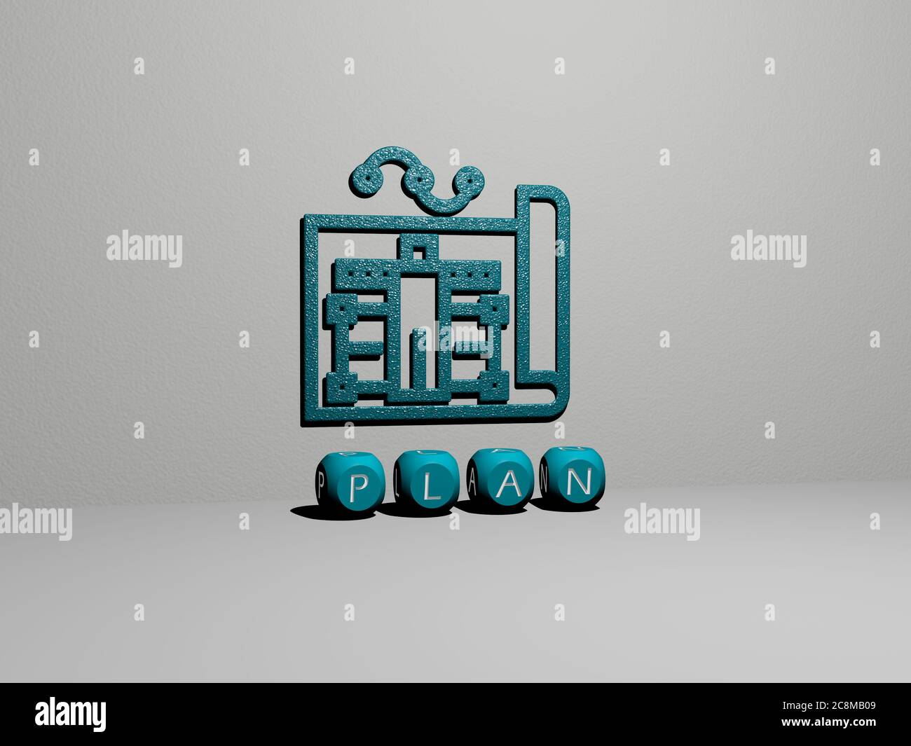 3D graphical image of PLAN vertically along with text built by metallic ...