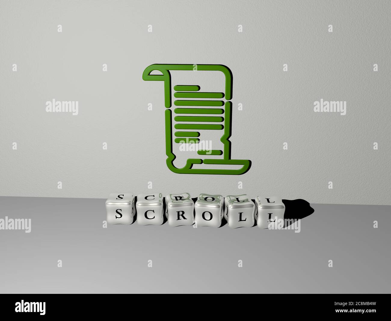 3D illustration of SCROLL graphics and text made by metallic dice ...