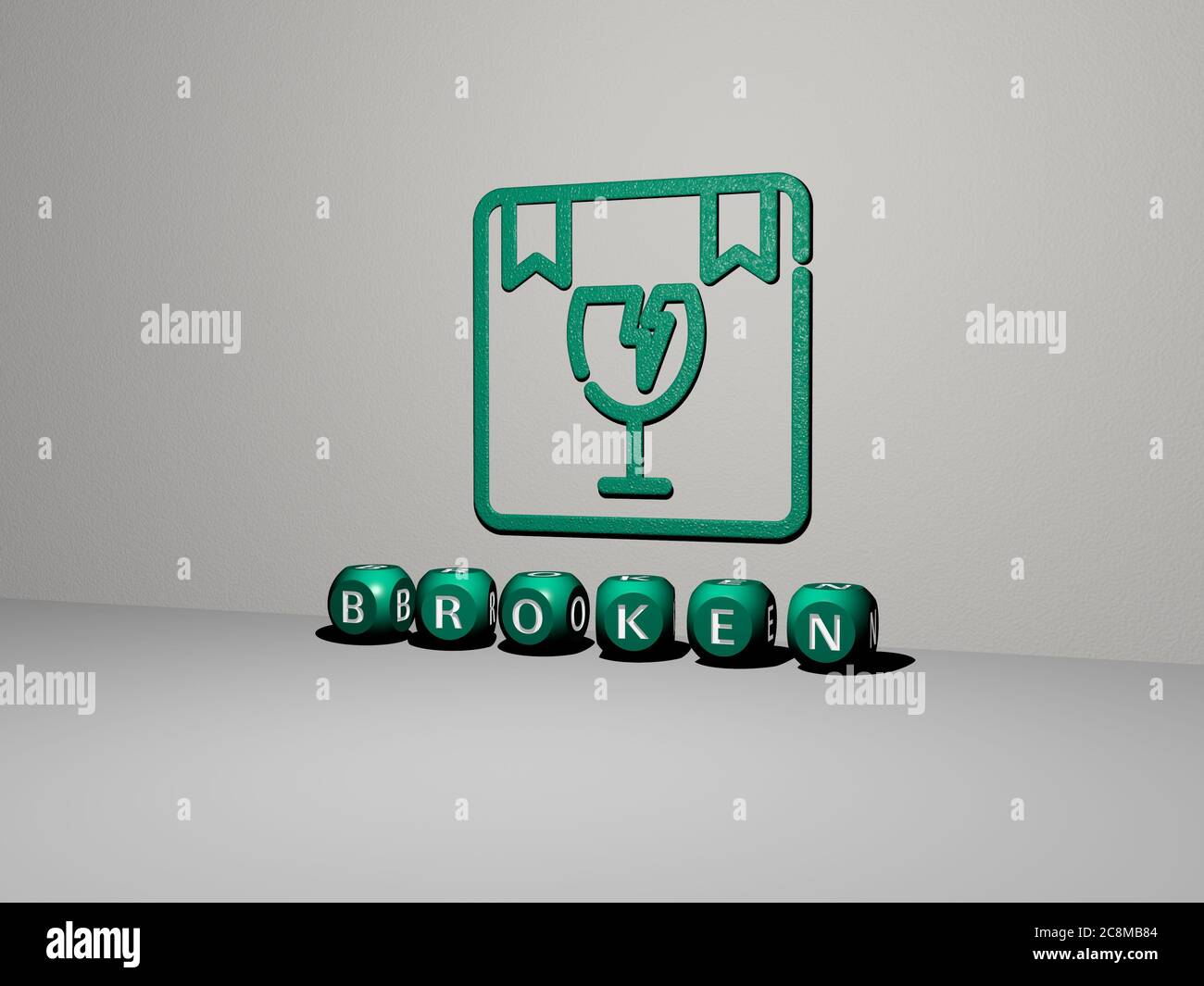 3D representation of BROKEN with icon on the wall and text arranged by ...