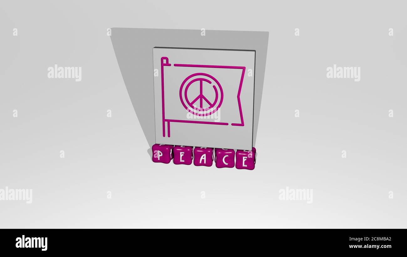 3D illustration of PEACE graphics and text made by metallic dice ...