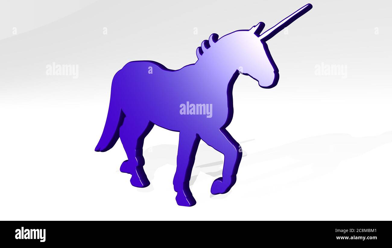 UNICORN stand with shadow. 3D illustration of metallic sculpture over a ...