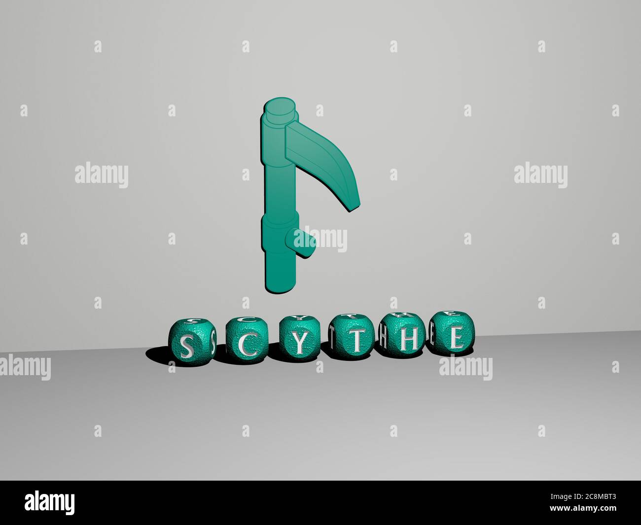 3D illustration of SCYTHE graphics and text made by metallic dice ...
