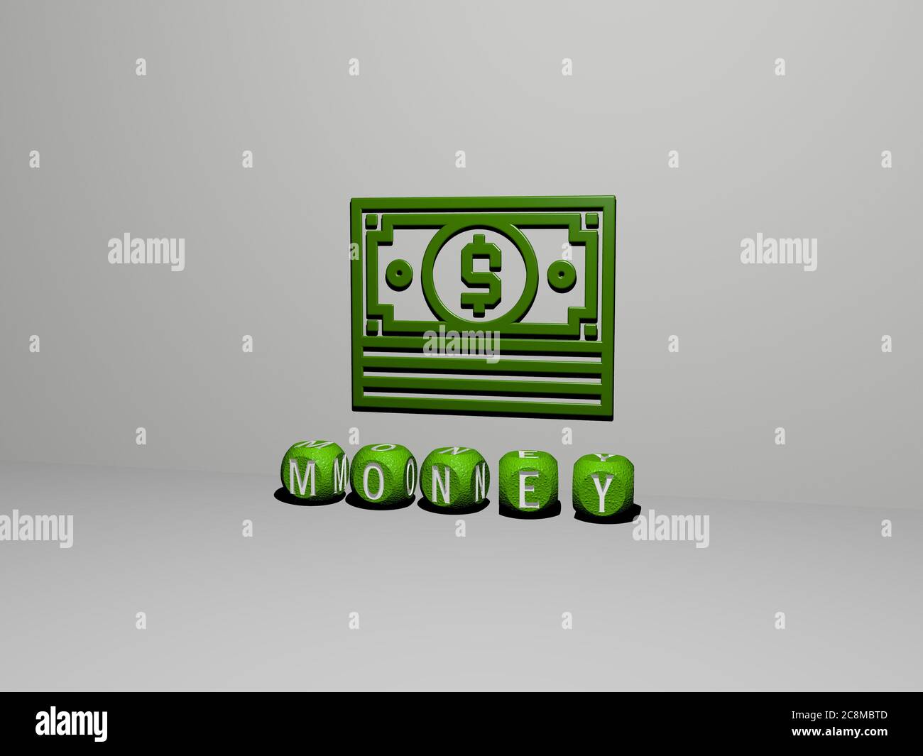 3D illustration of MONEY graphics and text made by metallic dice ...