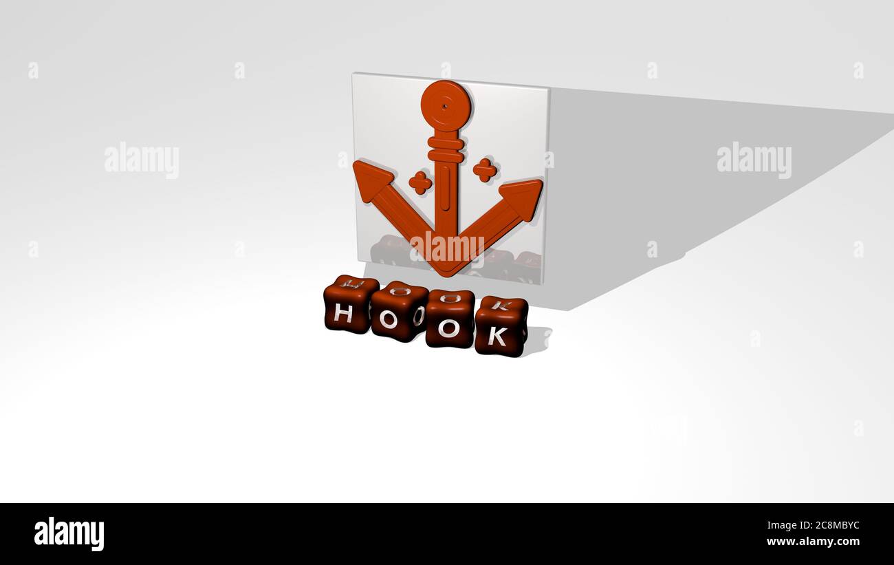 3D illustration of hook graphics and text made by metallic dice letters ...