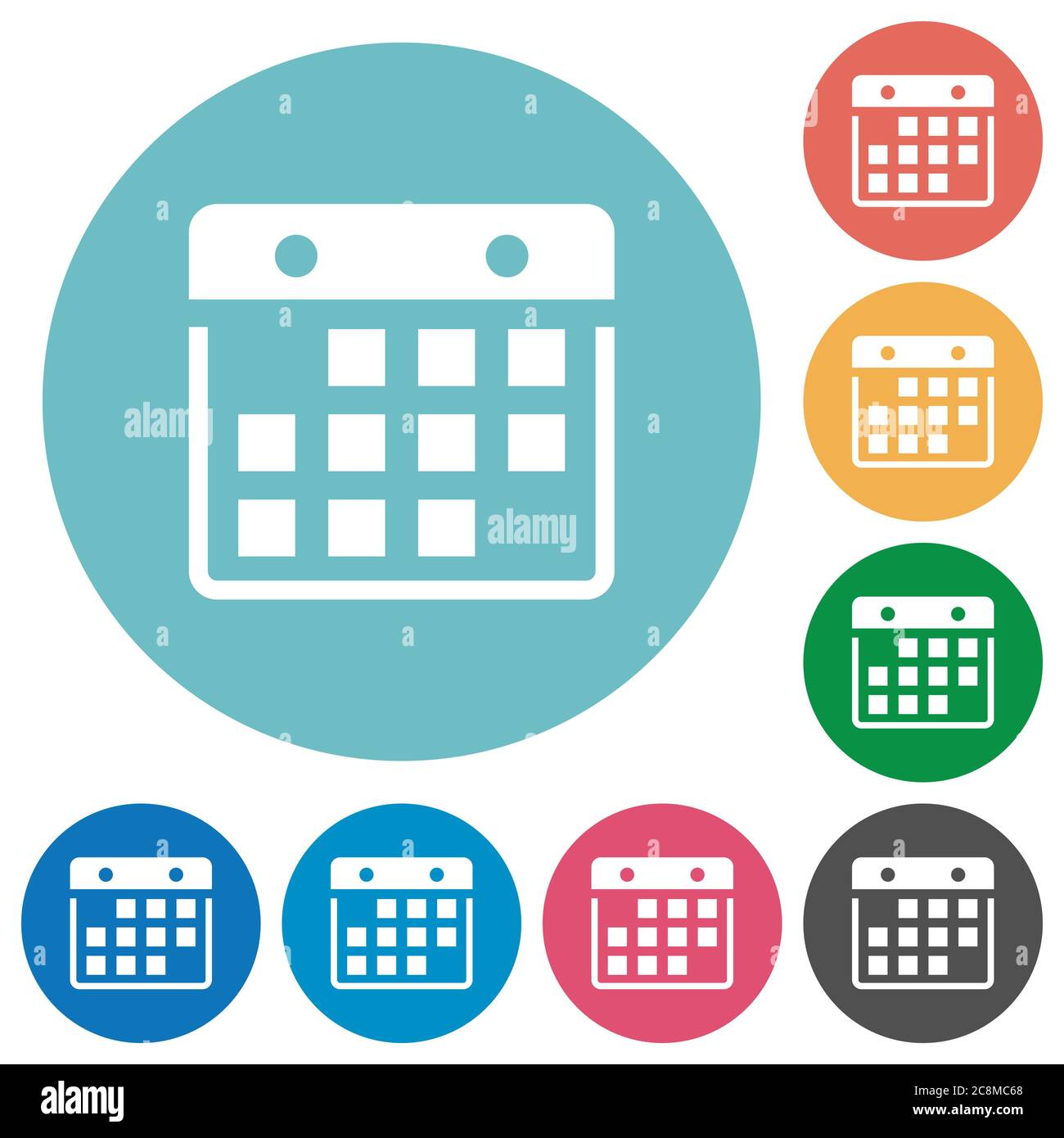 Flat hanging calendar icon set on round color background. 8 color ...