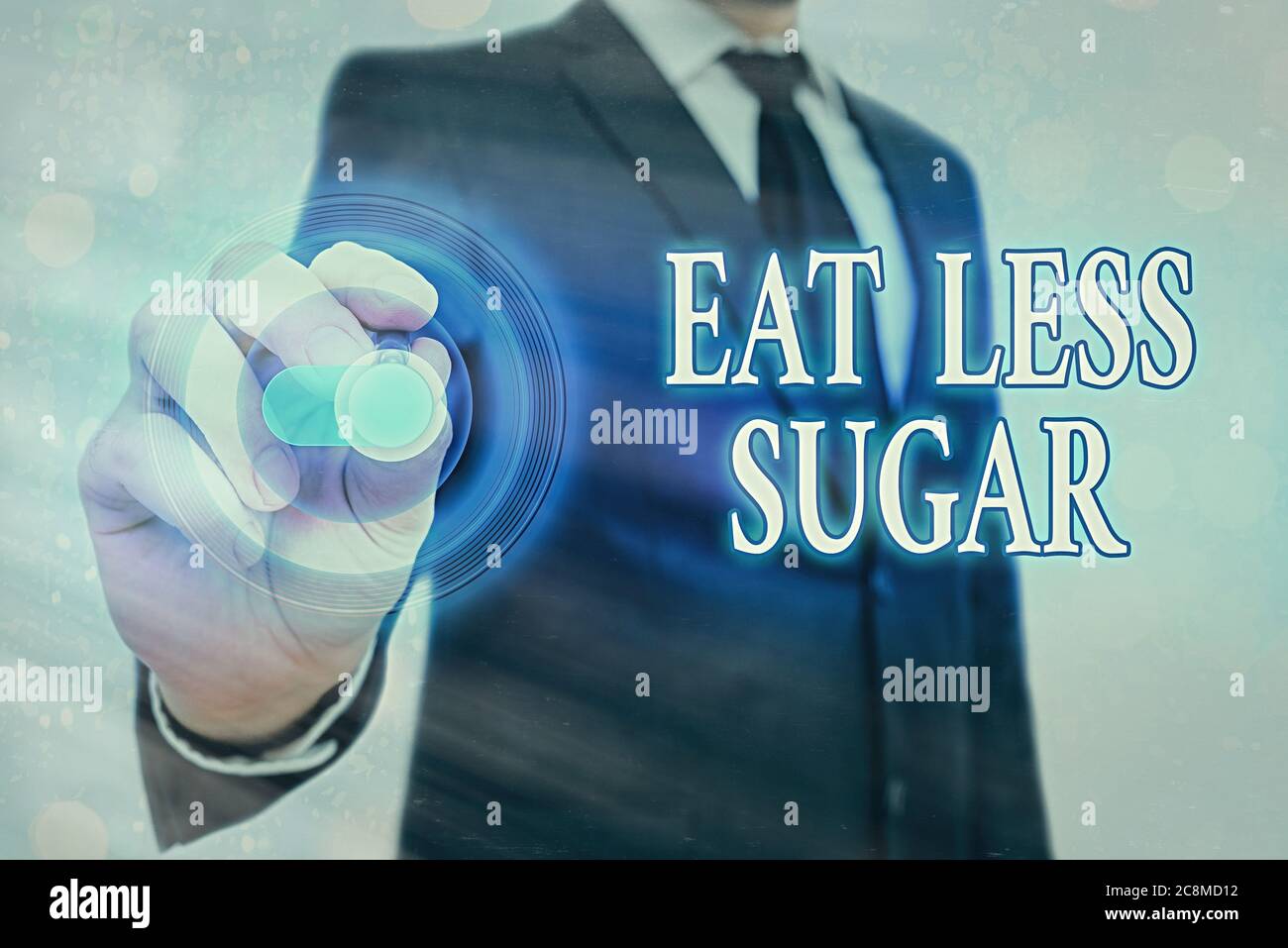 Writing note showing Eat Less Sugar. Business concept for reducing ...