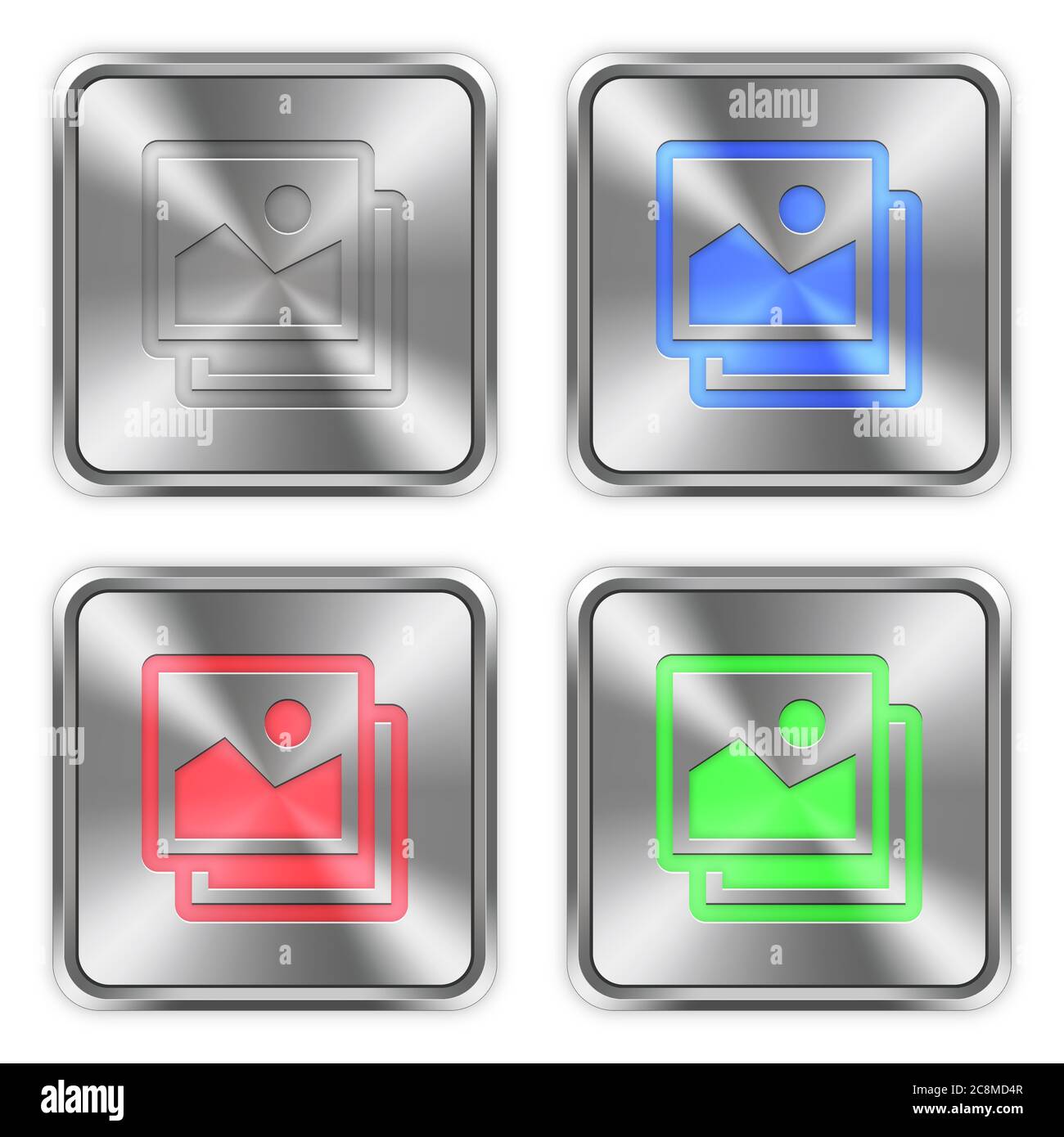 Color images icons engraved in glossy steel push buttons. Well ...