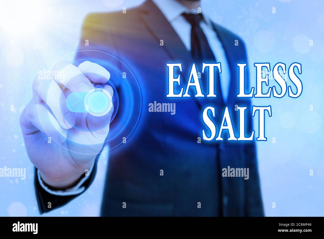 Writing note showing Eat Less Salt. Business concept for reducing the ...