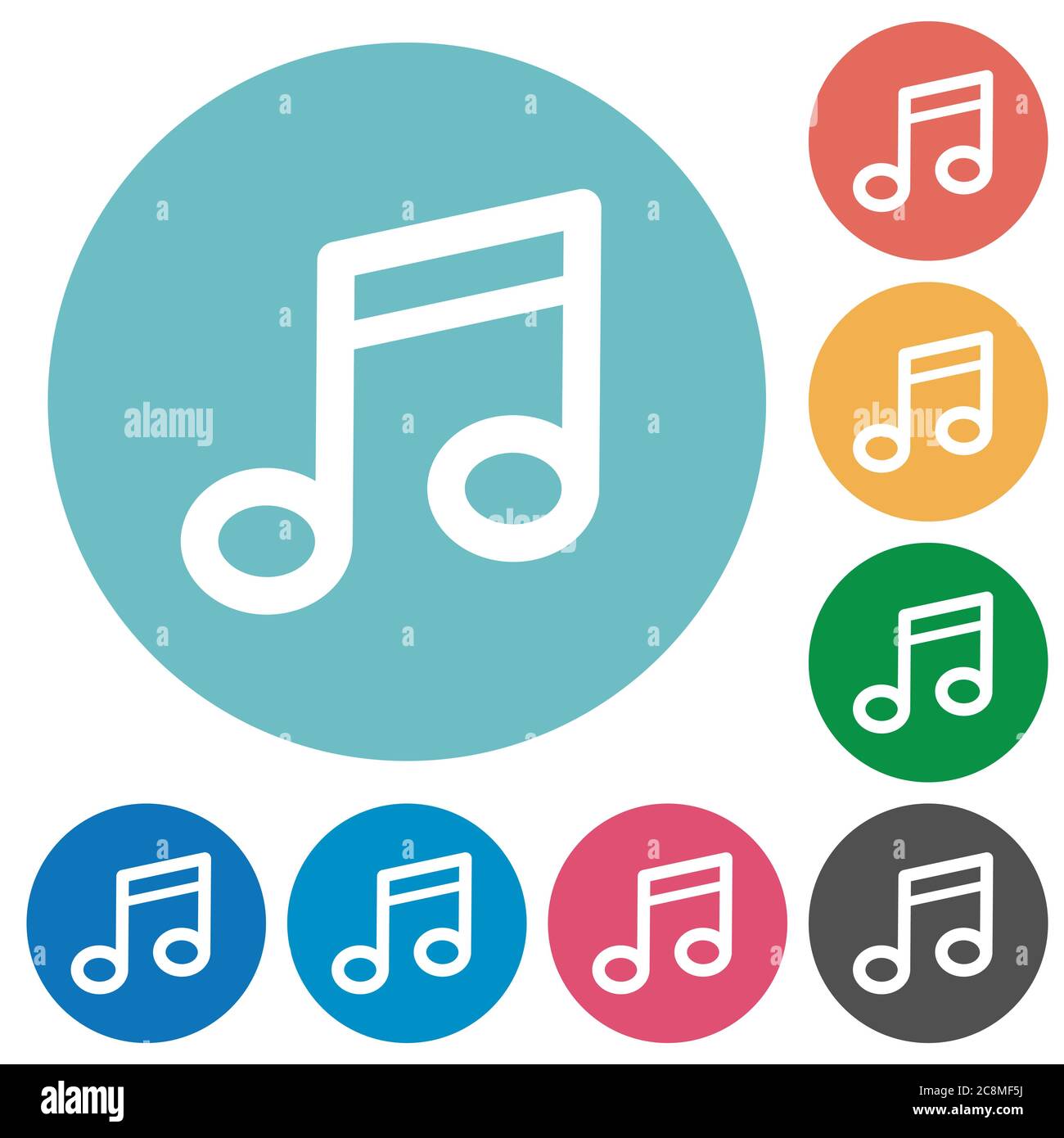 Flat music note icon set on round color background. 8 color variations included with light teme ...