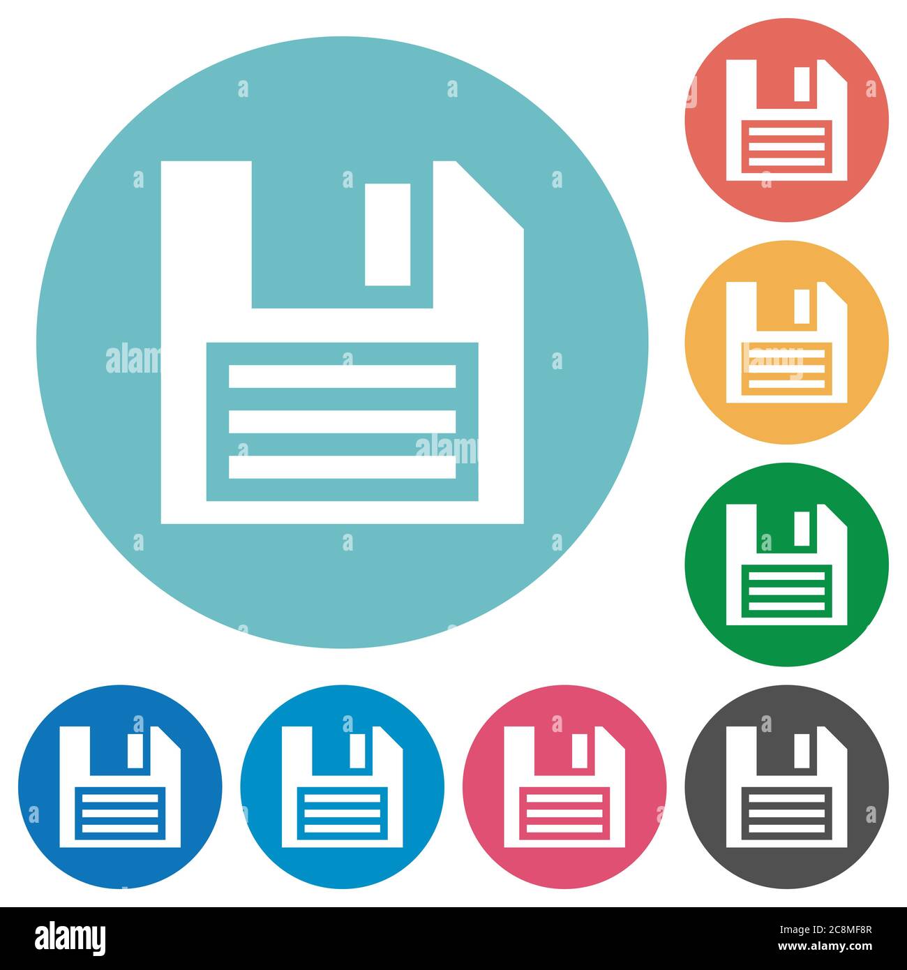 Flat save icon set on round color background. 8 color variations ...