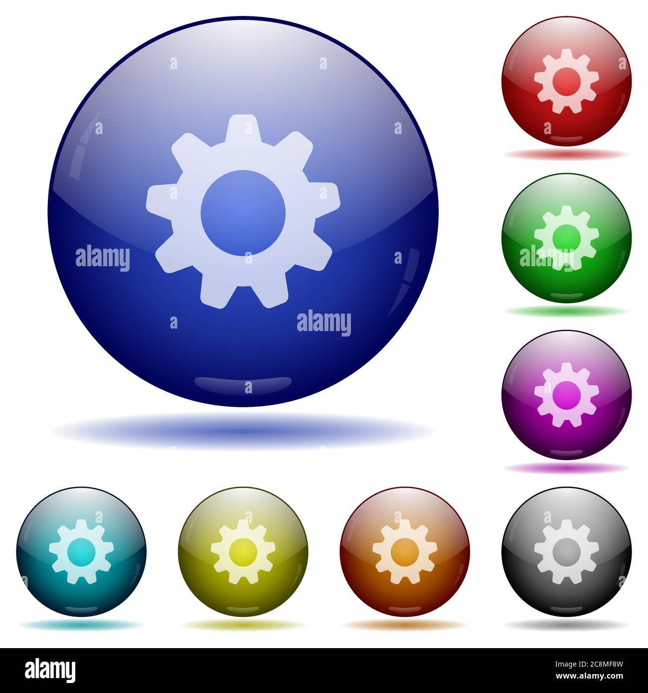 Set of color settings glass sphere buttons with shadows. Arranged layer ...