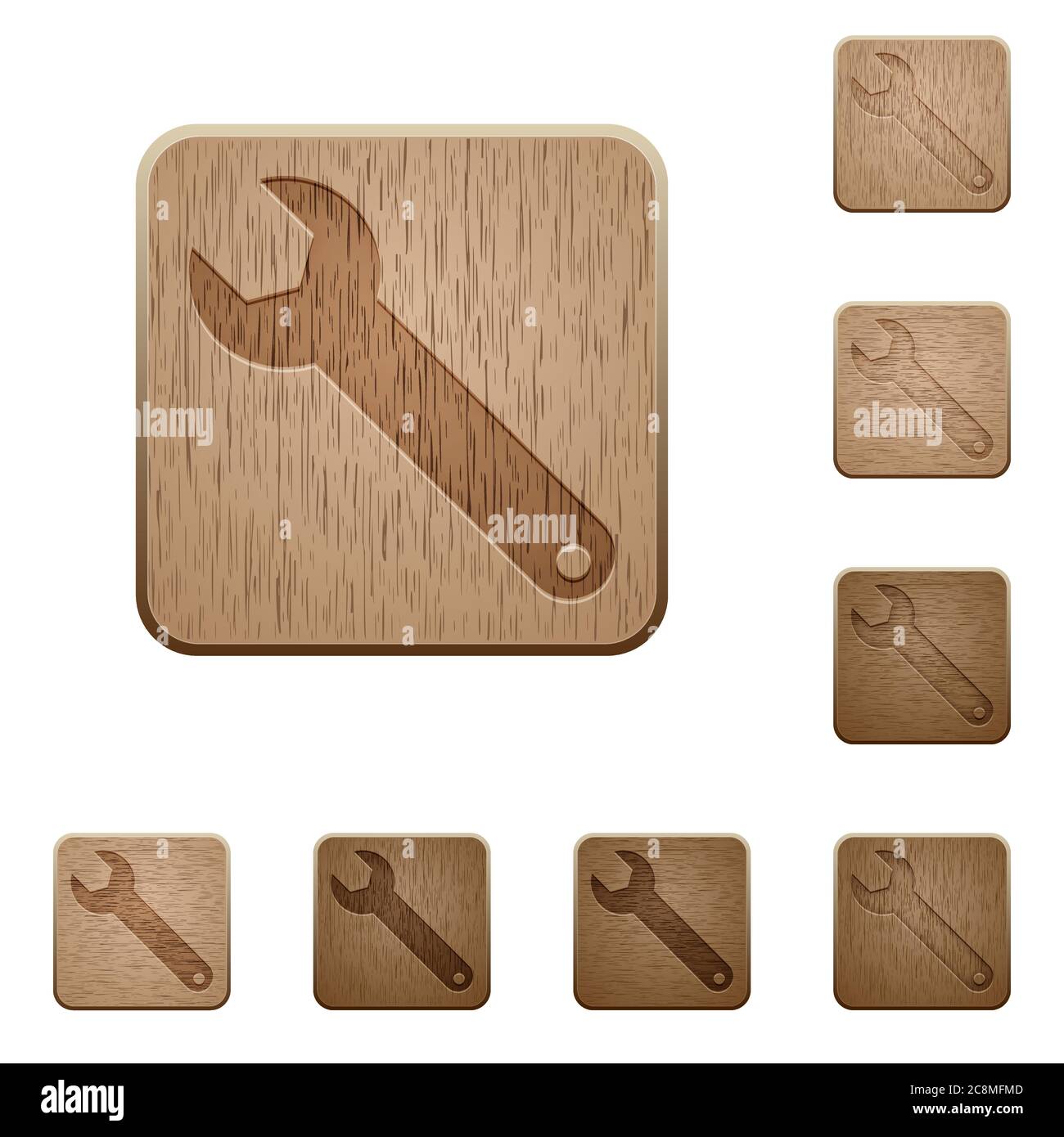 Set of carved wooden wrench buttons. 8 variations included. Arranged ...