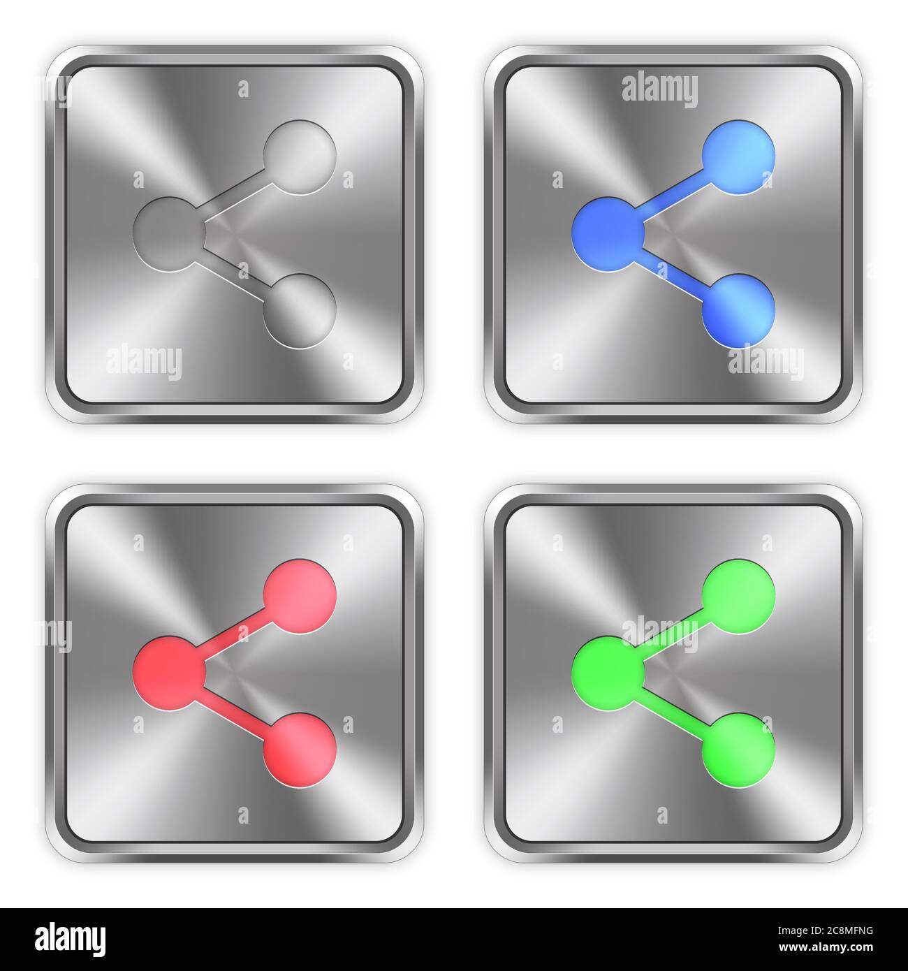 Color share icons engraved in glossy steel push buttons. Well organized ...