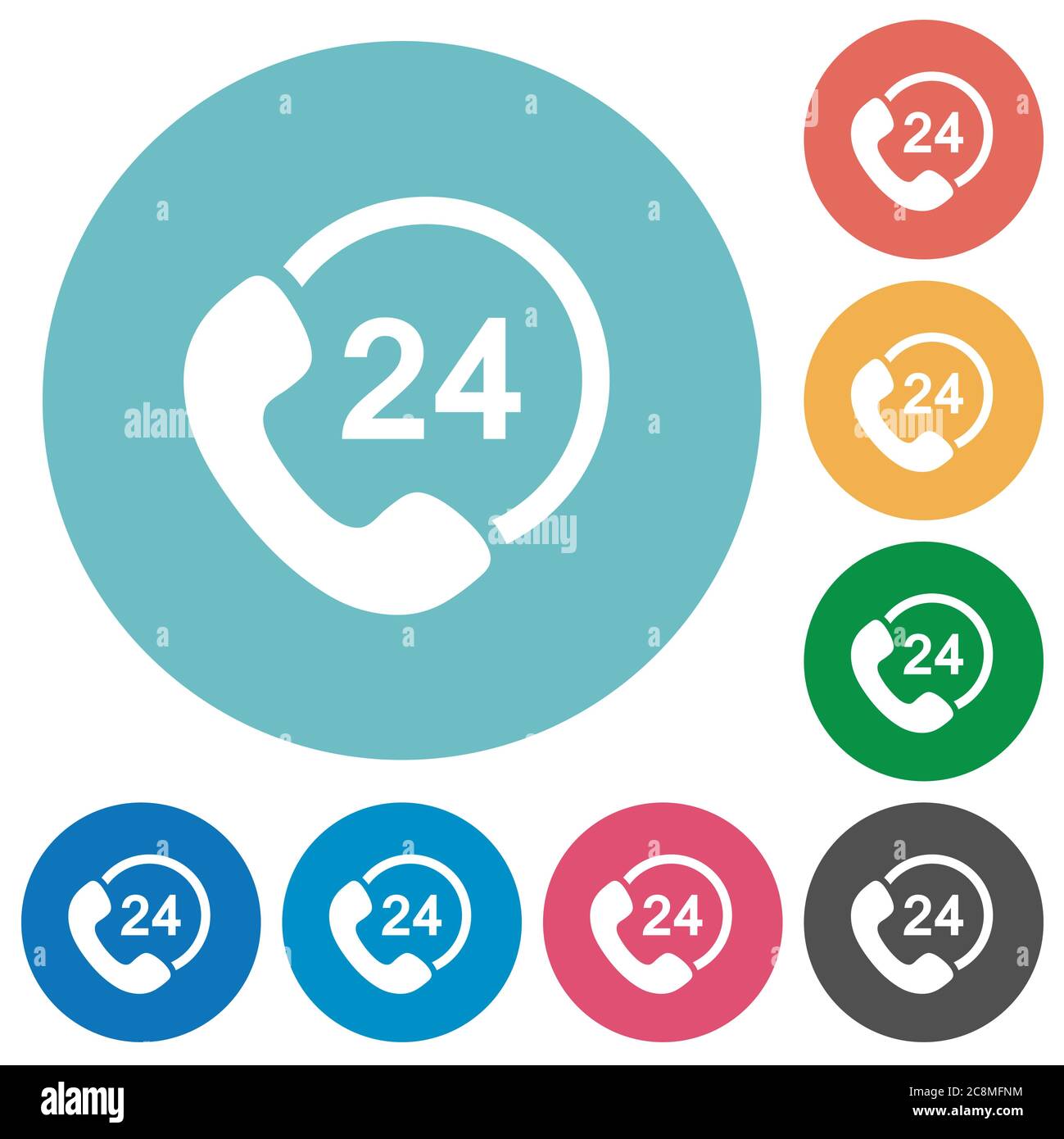 Flat 24 hour service icon set on round color background. 8 color variations included with light ...