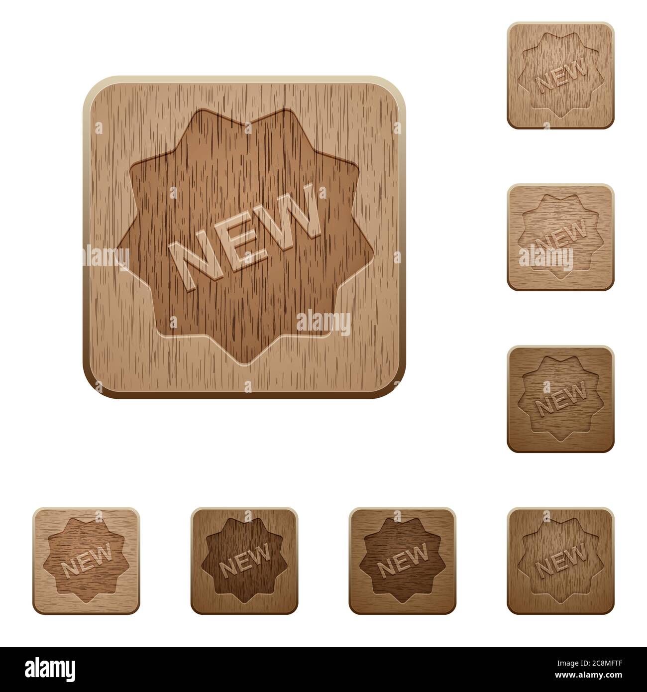 Set of carved wooden new badge buttons. 8 variations included. Arranged ...
