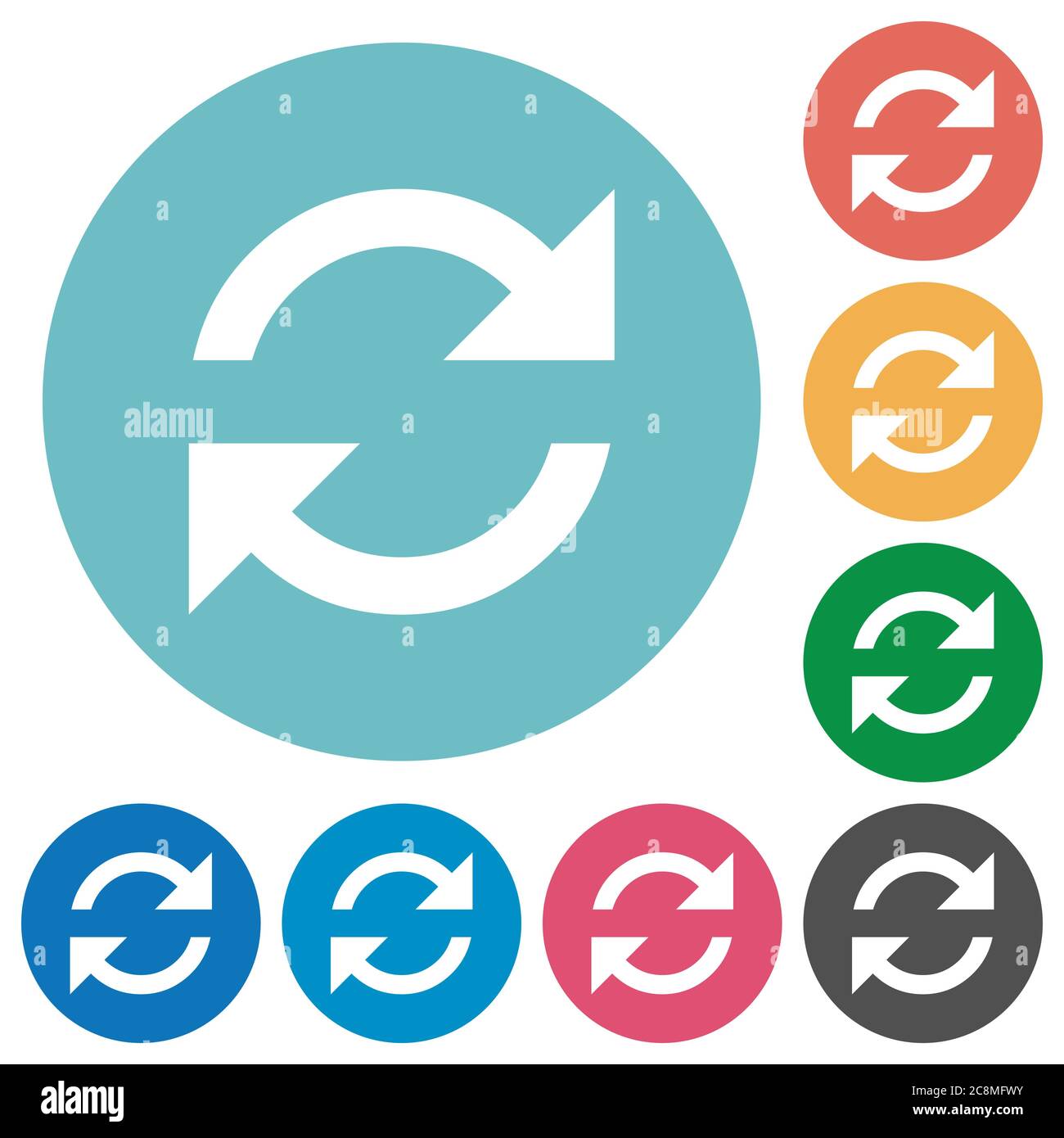 Flat refresh icon set on round color background. 8 color variations included with light teme ...