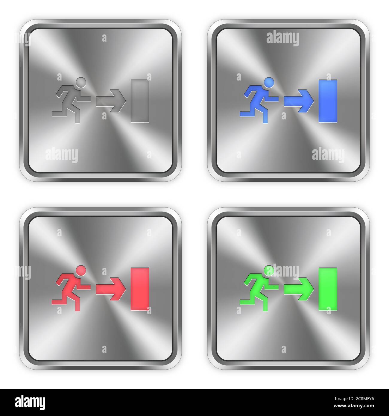 Color exit icons engraved in glossy steel push buttons. Well organized ...